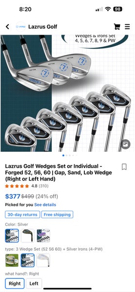 Lazarus 4-PW RH Iron Det + 3 Wedges (52, 56, 60) Stiff Steel Shaft Like ...