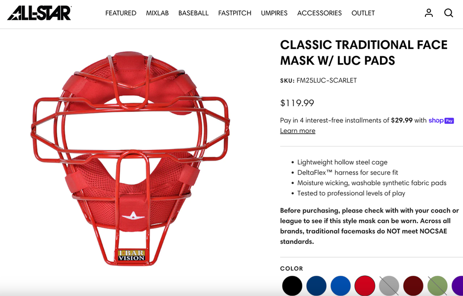 All Star Classic Traditional Face Mask w/Luc Pads - Scarlet ...