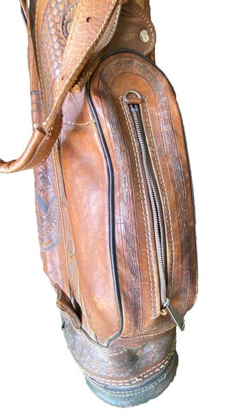 Vintage Mexican Leather Aztec Indian Mayan Golf Bag With Rain Cover ...