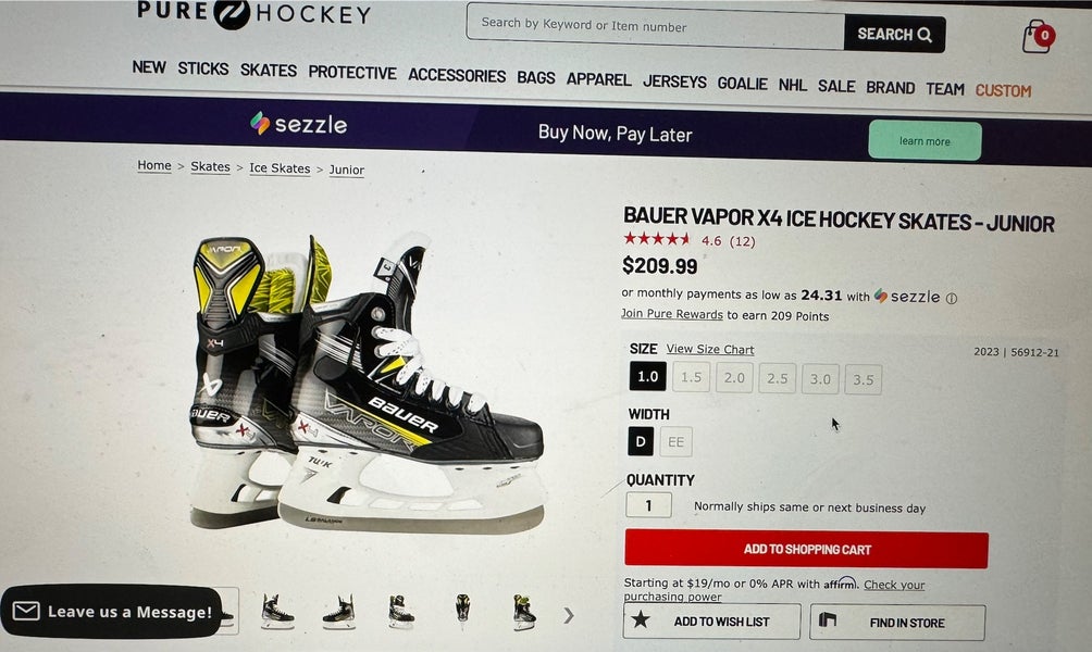 Used Junior Bauer Vapor X4 Hockey Skates Regular Width Size 1 ...