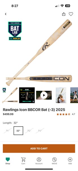 2025 Rawlings Icon BBCOR Certified Bat (-3) Composite 29 oz 32" (New ...