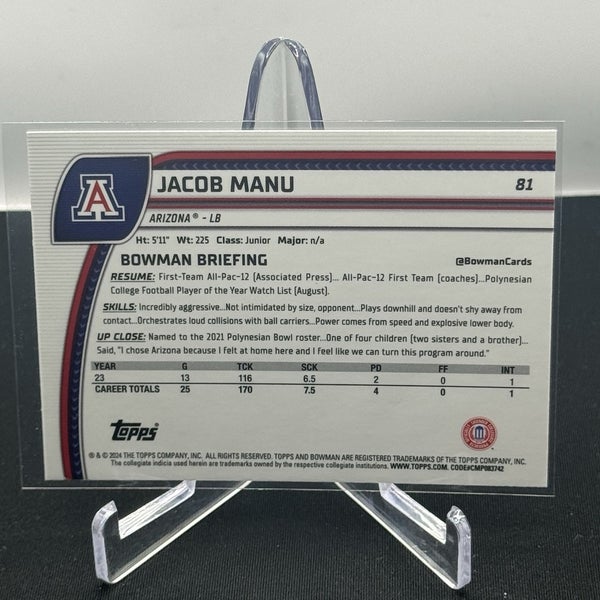 Jacob Manu Arizona Wildcats 2024 Bowman U Football 1st Bowman Base #81 ...