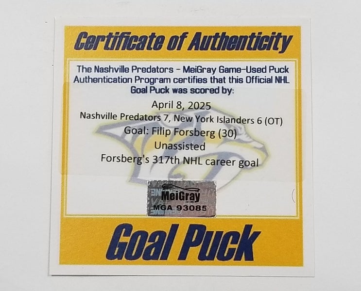 4-8-25 FILIP FORSBERG Nashville Predators vs NY Islanders Game Used ...